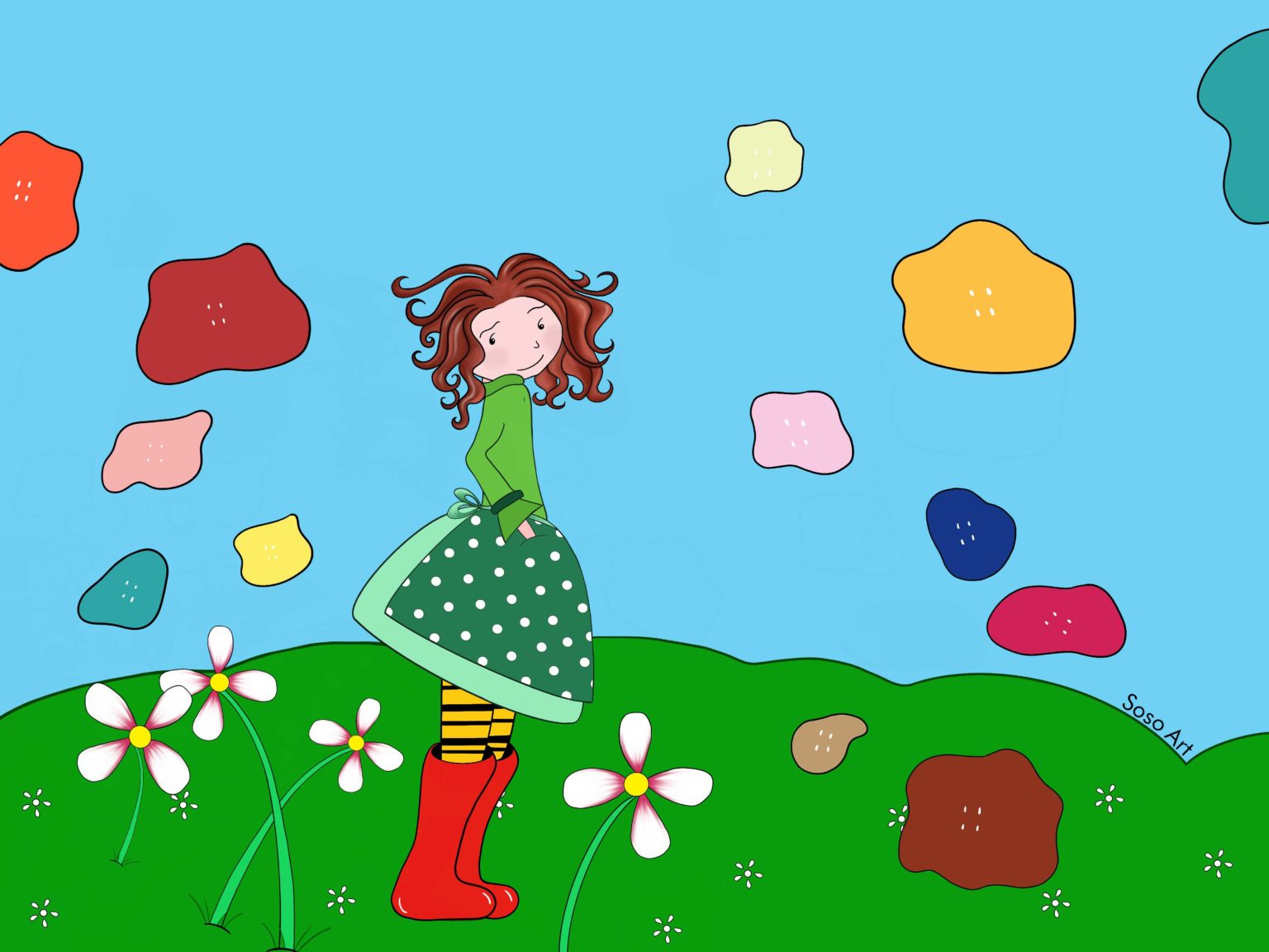 Tableau Toile Enfant Fille Fleurs Prairie Couleurs 40 X 30 Cm